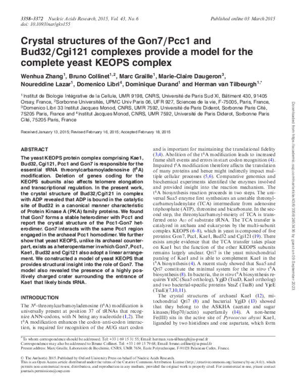 (PDF) Crystal structures of the Gon7/Pcc1 and Bud32/Cgi121 complexes ...