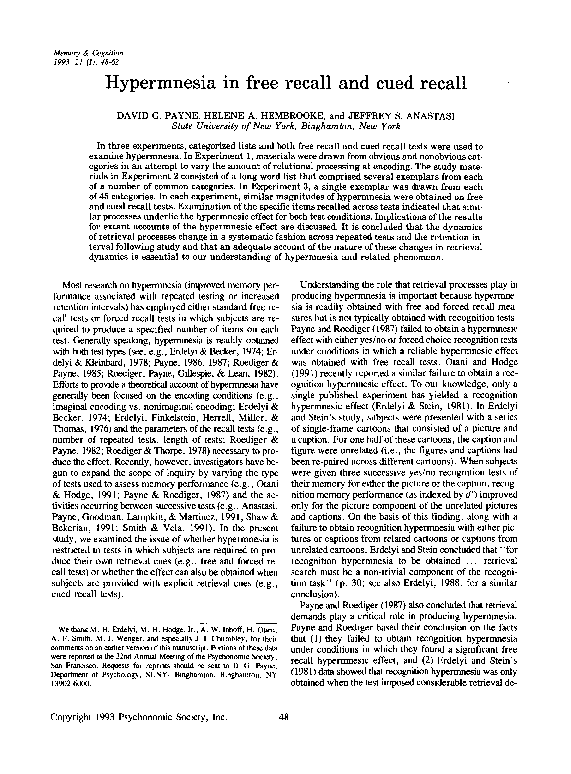 (PDF) Hypermnesia in free recall and cued recall