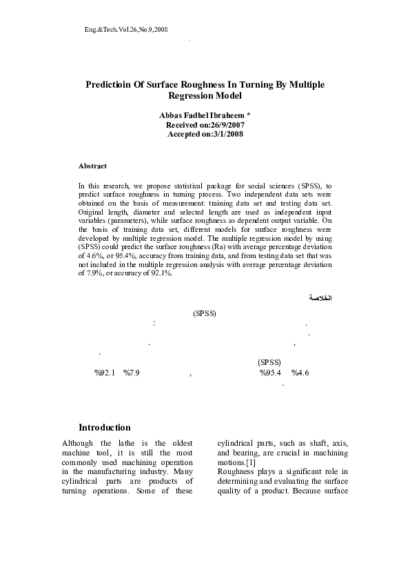 (PDF) Predictioin Of Surface Roughness In Turning By Multiple Regression Model