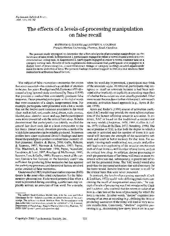 (PDF) The effects of a levels-of-processing manipulation on false recall | Jeffrey Anastasi ...