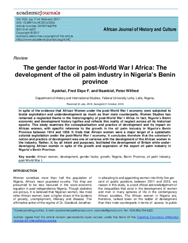(PDF) The gender factor in post-World War I Africa: The development of ...