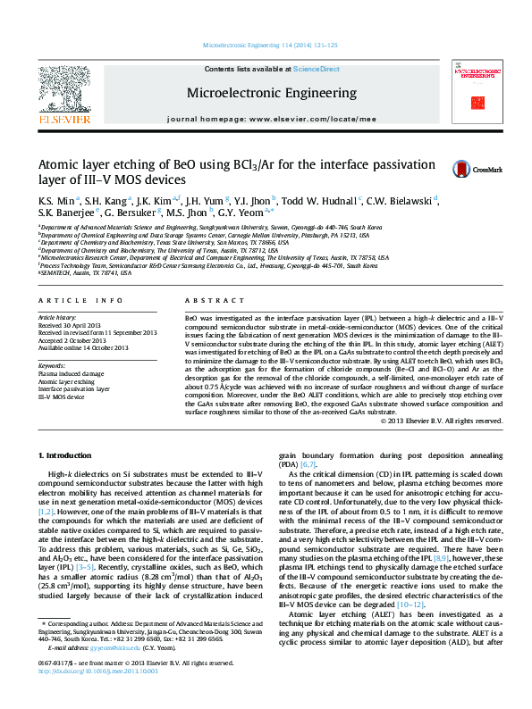 (PDF) Atomic layer etching of Al2O3 using BCl3/Ar for the interface passivation layer of III–V ...