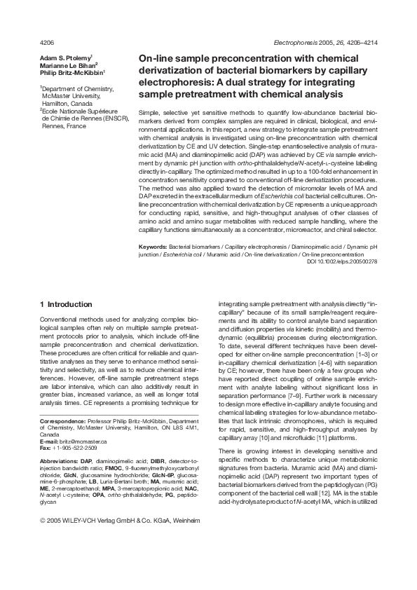 Pdf On Line Sample Preconcentration With Chemical Derivatization Of Bacterial Biomarkers By