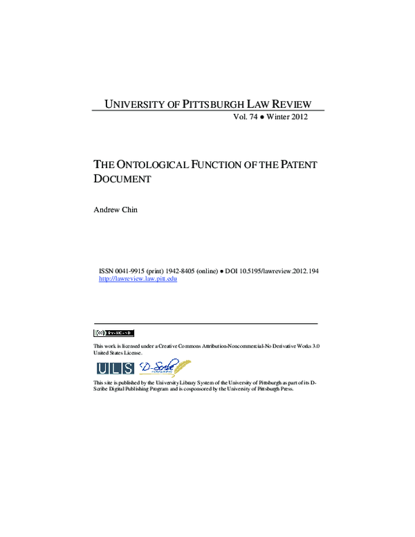 (PDF) The Ontological Function of the Patent | Andrew Chin - Academia.edu