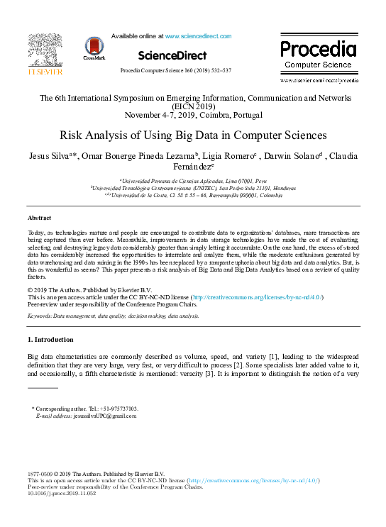 Pdf Risk Analysis Of Using Big Data In Computer Sciences