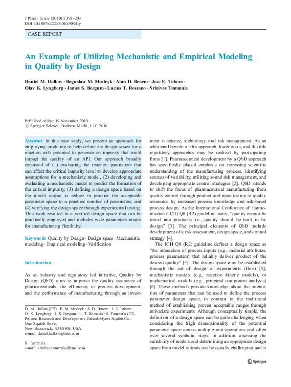 (PDF) An Example of Utilizing Mechanistic and Empirical Modeling in Quality by Design | Jose ...