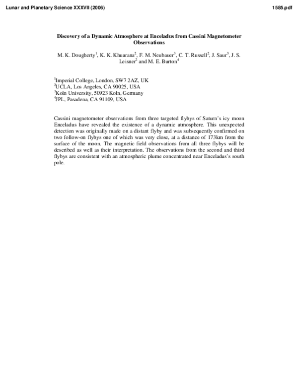 (PDF) Discovery of a Dynamic Atmosphere at Enceladus from Cassini ...