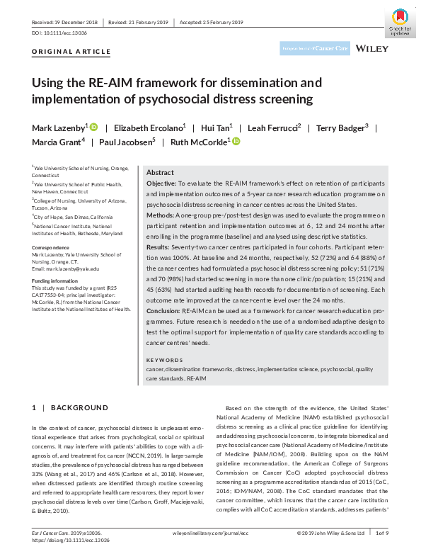 (PDF) Using the RE‐AIM framework for dissemination and implementation of psychosocial distress ...