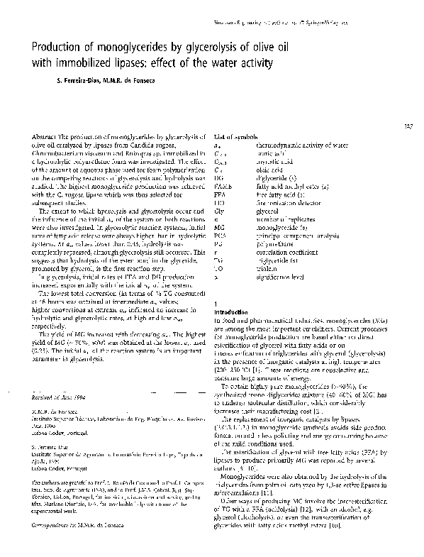 (PDF) Production of monoglycerides by glycerolysis of olive oil with ...