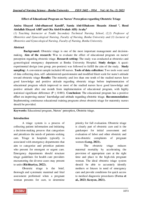 (PDF) Effect of Educational Program on Nurses' Perception regarding Obstetric Triage