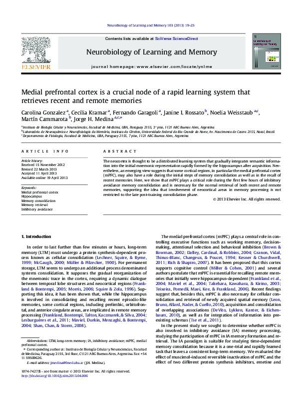 (PDF) Medial prefrontal cortex is a crucial node of a rapid learning system that retrieves ...