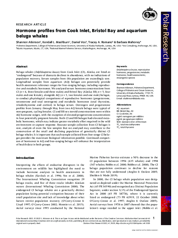 (PDF) Hormone profiles from Cook Inlet, Bristol Bay and aquarium beluga ...