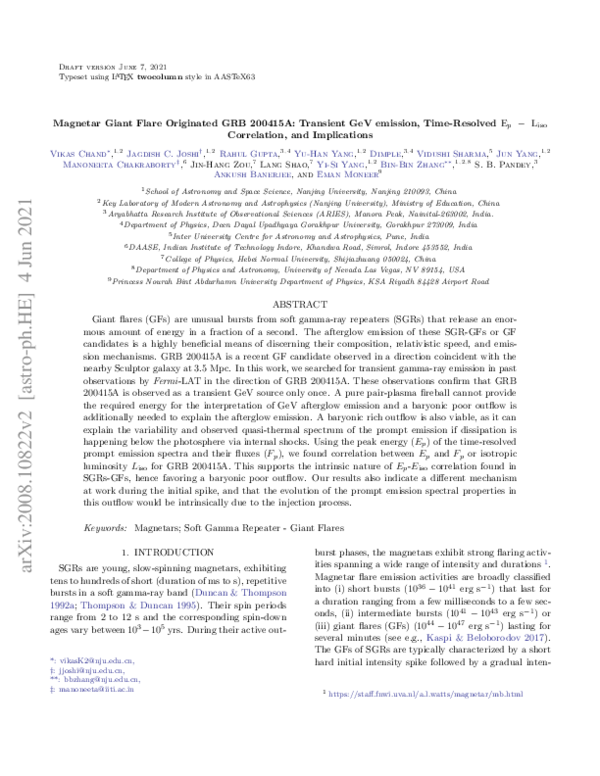 (PDF) Magnetar giant flare originating from GRB 200415A: transient GeV ...