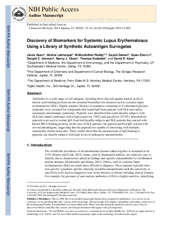 (PDF) Discovery of biomarkers for systemic lupus erythematosus using a library of synthetic ...