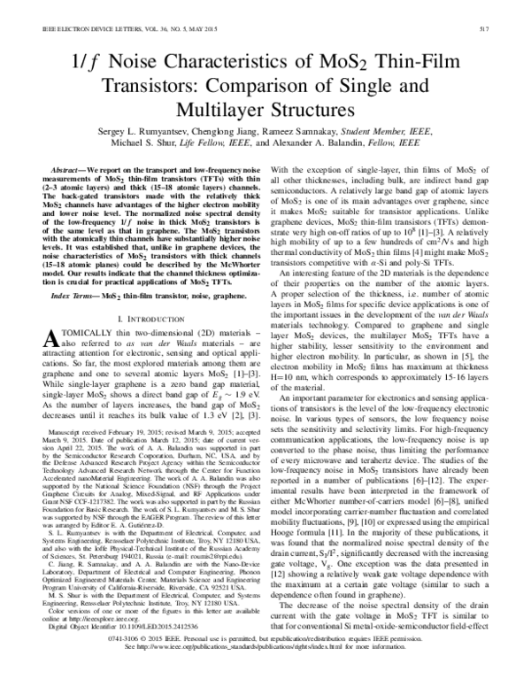 (PDF) 1/ $f$ Noise Characteristics of MoS2 Thin-Film Transistors ...