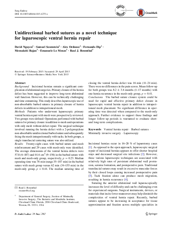 (PDF) Unidirectional barbed sutures as a novel technique for ...