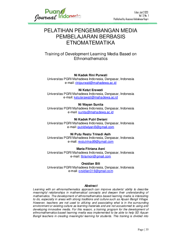 (PDF) Pelatihan Pengembangan Media Pembelajaran Berbasis Etnomatematika