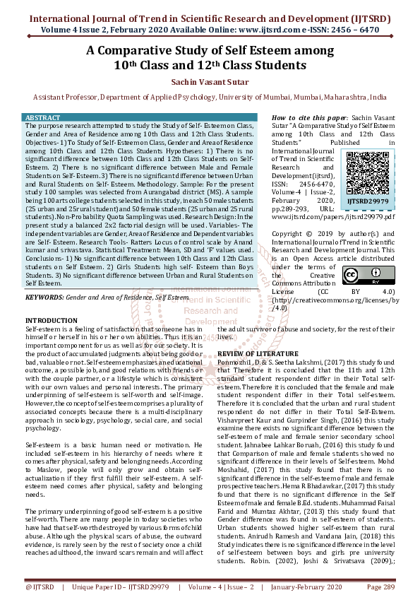 (PDF) A Comparative Study of Self Esteem among 10th Class and 12th Class Students | sachin sutar ...