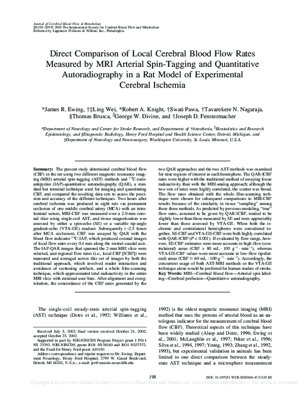 (PDF) Direct Comparison of Local Cerebral Blood Flow Rates Measured by ...