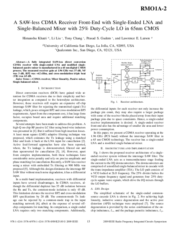 (PDF) A SAW-less CDMA receiver front-end with single-ended LNA and ...