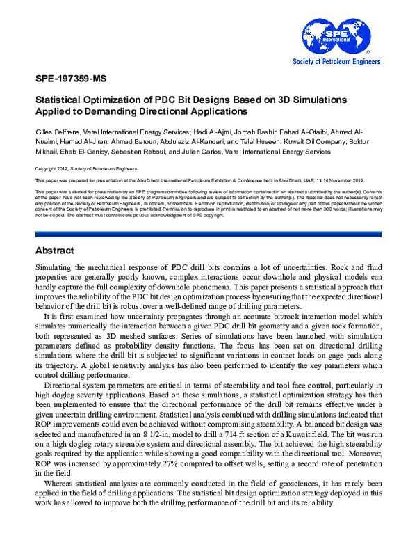 (PDF) Statistical Optimization of PDC Bit Designs Based on 3D ...