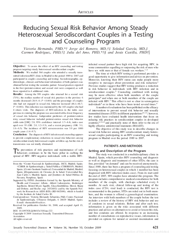 (PDF) Reducing Sexual Risk Behavior Among Steady Heterosexual Serodiscordant Couples in a ...