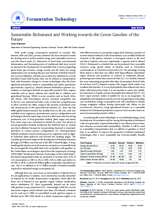(PDF) Sustainable Biobutanol and Working towards the Green Gasoline of ...