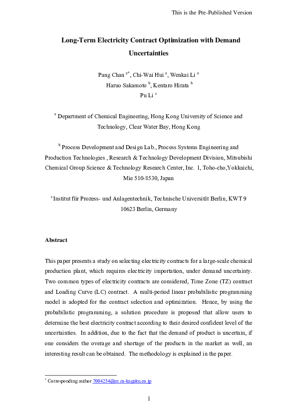(PDF) Long-term electricity contract optimization with demand uncertainties