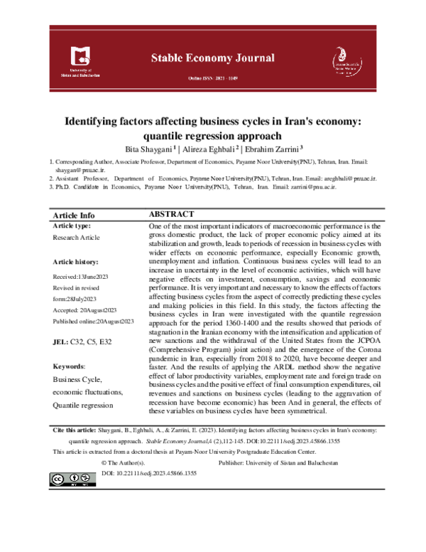 (PDF) Identifying factors affecting business cycles in Iran's economy: quantile regression approach
