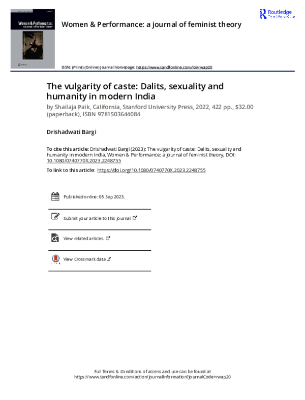 (PDF) Review of Shailaja Paik's The Vulgarity of Caste: Dalits, Sexuality and Humanity in Modern ...
