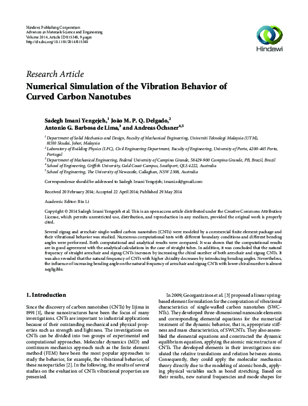 (PDF) Numerical Simulation of the Vibration Behavior of Curved Carbon Nanotubes