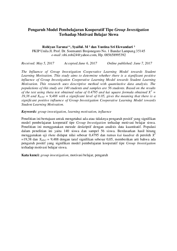 (PDF) Pengaruh Model Pembelajaran Kooperatif Tipe Group Investigation Terhadap Motivasi Belajar ...