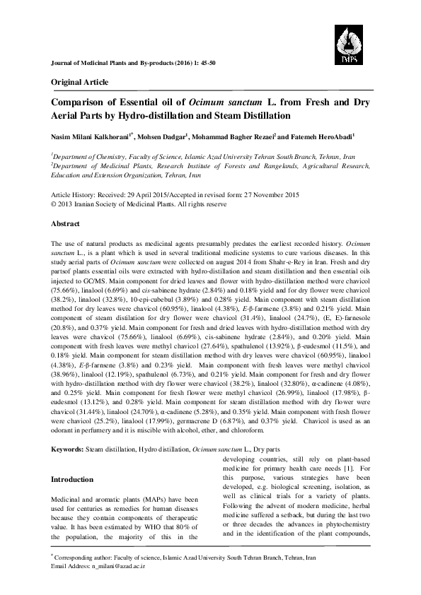 (PDF) Comparison of Essential oil of Ocimum sanctum L. from Fresh and Dry Aerial Parts by Hydro ...