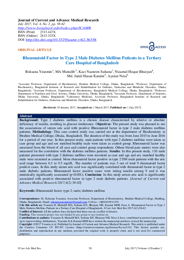 (PDF) Rheumatoid Factor in Type 2 Male Diabetes Mellitus Patients in a ...