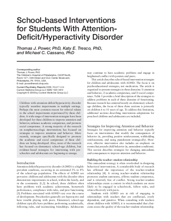 (PDF) School-based interventions for students with attention-deficit/hyperactivity disorder