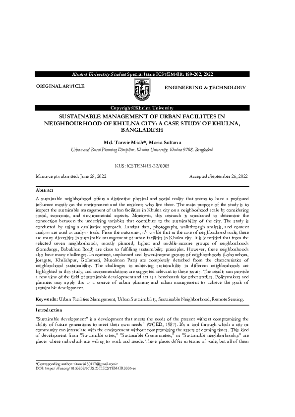 (PDF) SUSTAINABLE MANAGEMENT OF URBAN FACILITIES IN NEIGHBOURHOOD OF KHULNA CITY: A CASE STUDY ...