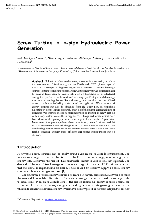 (PDF) Screw Turbine in In-pipe Hydroelectric Power Generation