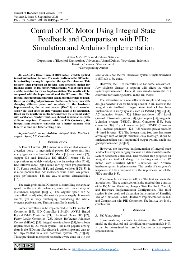 (PDF) Control of DC Motor Using Integral State Feedback and Comparison with PID: Simulation and ...