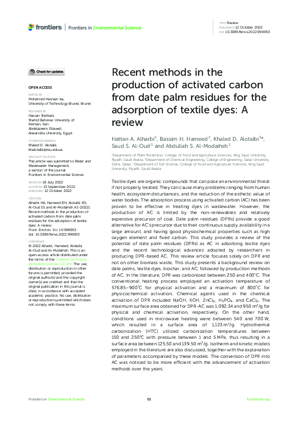 (PDF) Recent methods in the production of activated carbon from date palm residues for the ...