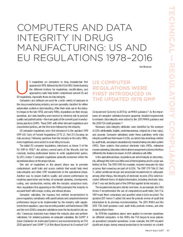(PDF) COMPUTERS AND DATA INTEGRITY IN DRUG MANUFACTURING: US AND EU ...