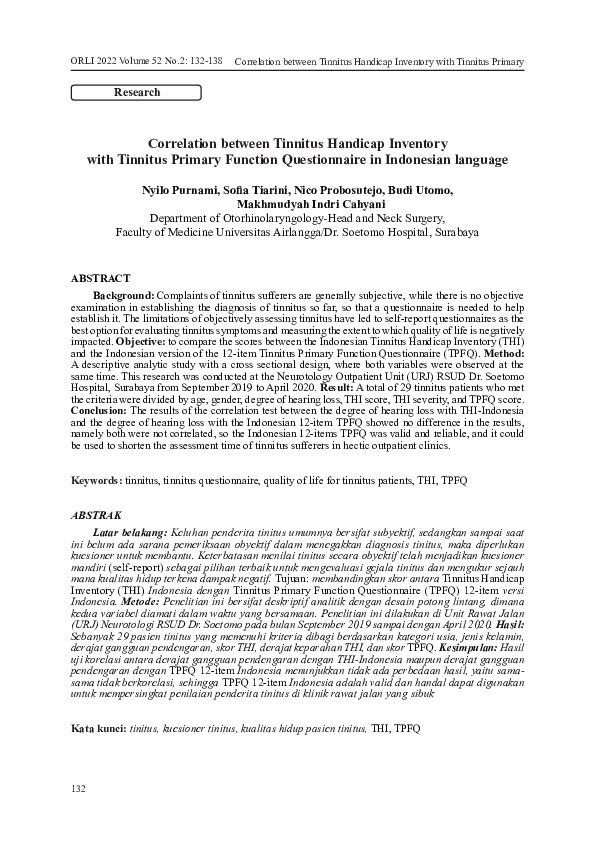 (PDF) Correlation between Tinnitus Handicap Inventory Correlation ...