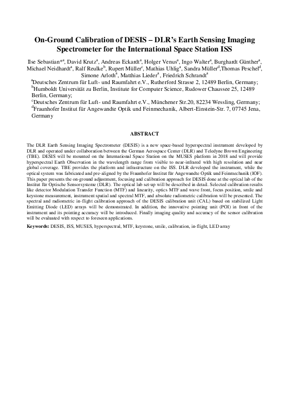 (PDF) On-ground calibration of DESIS: DLR's Earth sensing imaging spectrometer for the ...