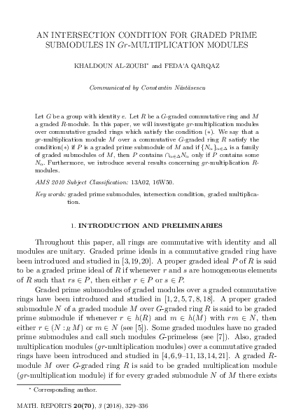 (PDF) AN INTERSECTION CONDITION FOR GRADED PRIME SUBMODULES IN Gr-MULTIPLICATION MODULES