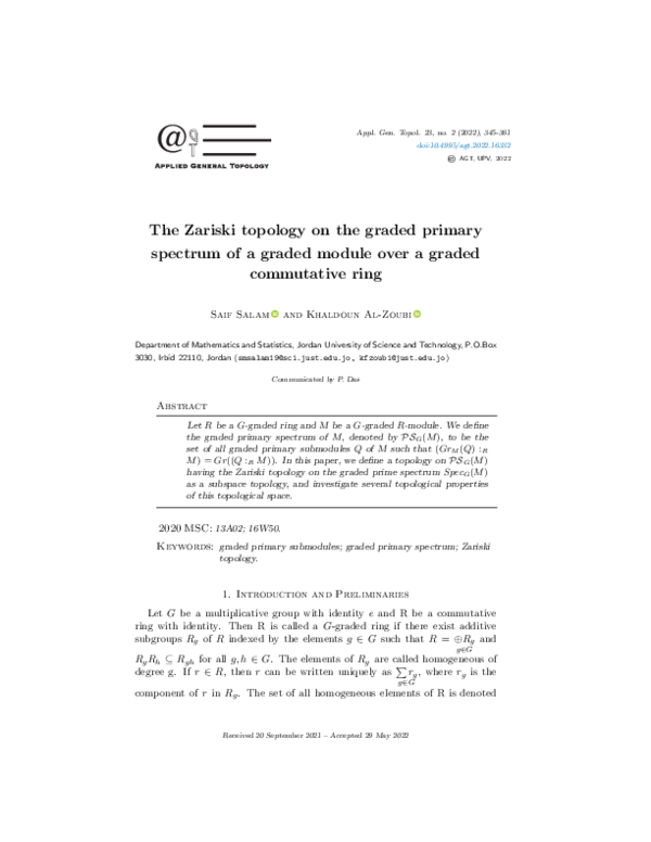 (PDF) The Zariski topology on the graded primary spectrum of a graded ...