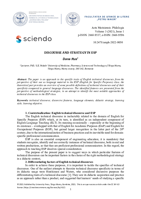 (PDF) Discourse and Strategy in ESP