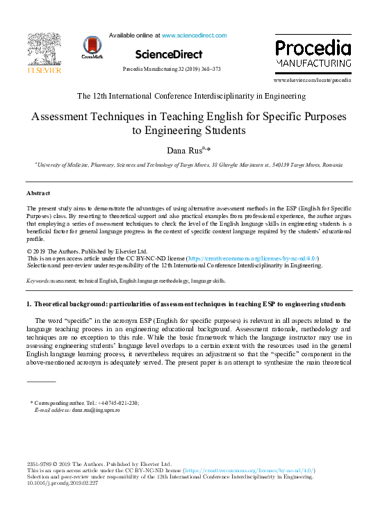 (PDF) Assessment Techniques in Teaching English for Specific Purposes to Engineering Students ...