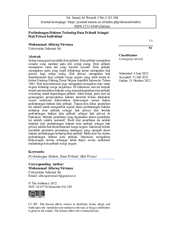 (PDF) Perlindungan Hukum Terhadap Data Pribadi Sebagai Hak Privasi Individual