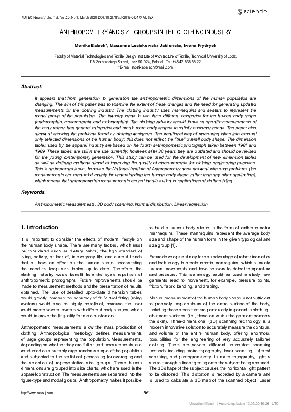 (PDF) Anthropometry and Size Groups in the Clothing Industry