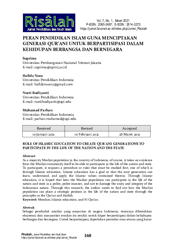 (PDF) Peran Pendidikan Islam Guna Menciptakan Generasi Qur’Ani Untuk ...