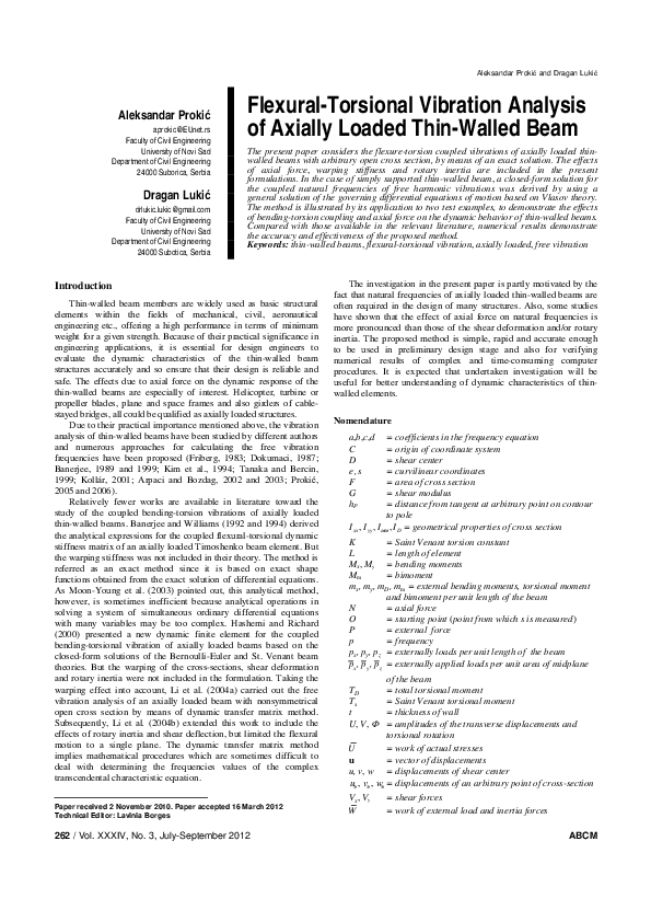 (PDF) Flexural-Torsional Vibration Analysis